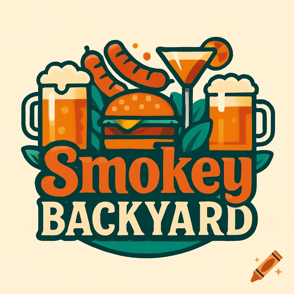 Colorful logo with a burger, sausages, beer mugs, and a cocktail ...