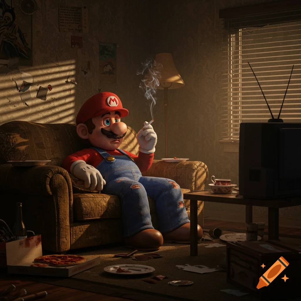 Photorealistic Mario smokes a cigarette on a messy couch in a dimly lit ...