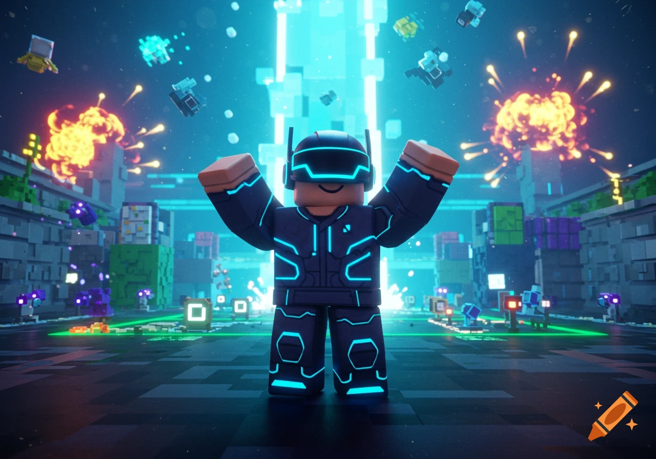 A 3D render of a Roblox character holding a dice with question marks ...