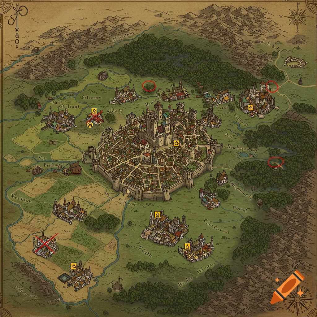 A detailed fantasy map featuring a central walled city surrounded by towns, forests, rivers, and ...