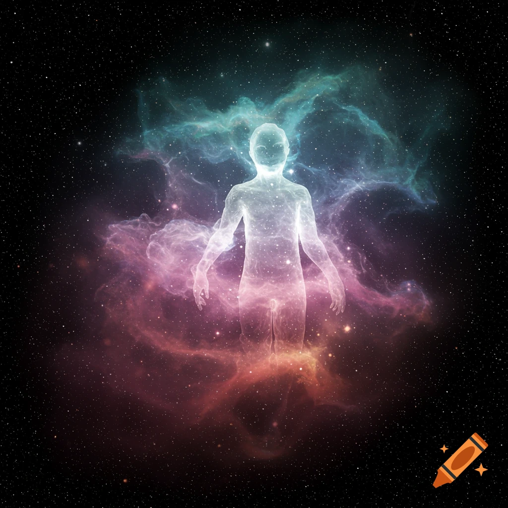 A glowing, neon-pink and blue human figure stands on a dark, wavy ...