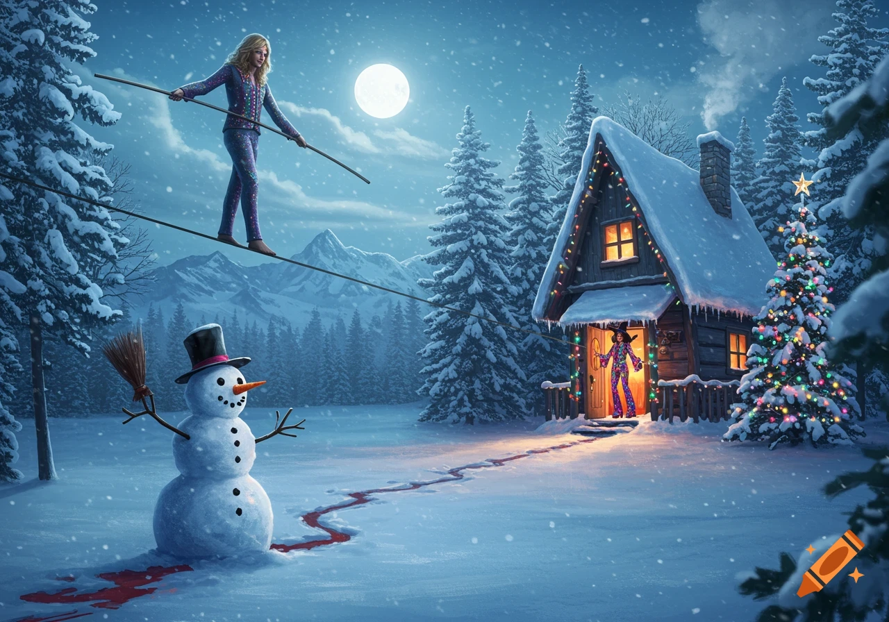 Two cartoon cats build a snowman in a snowy village with a candy cane ...