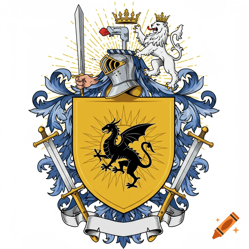 A heraldic crest featuring a black dragon on a golden shield with a ...