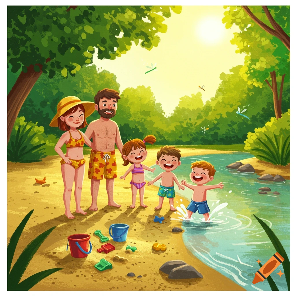 A cartoon family, parents and three children, enjoying a sunny day by a sandy stream with lush ...