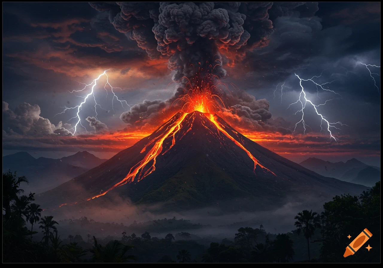A dramatic volcanic eruption at dusk with glowing lava flowing down its ...