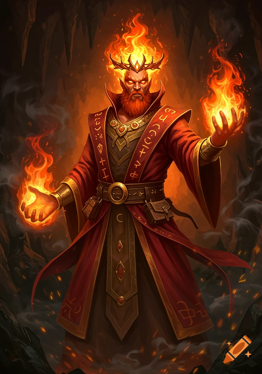 A fiery wizard with a crown and red robes conjures flames in a dark ...