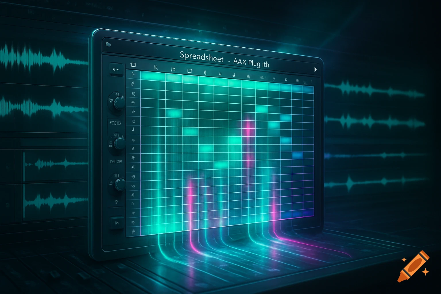 A modern, dark grey audio mixer with a screen displaying colorful level ...