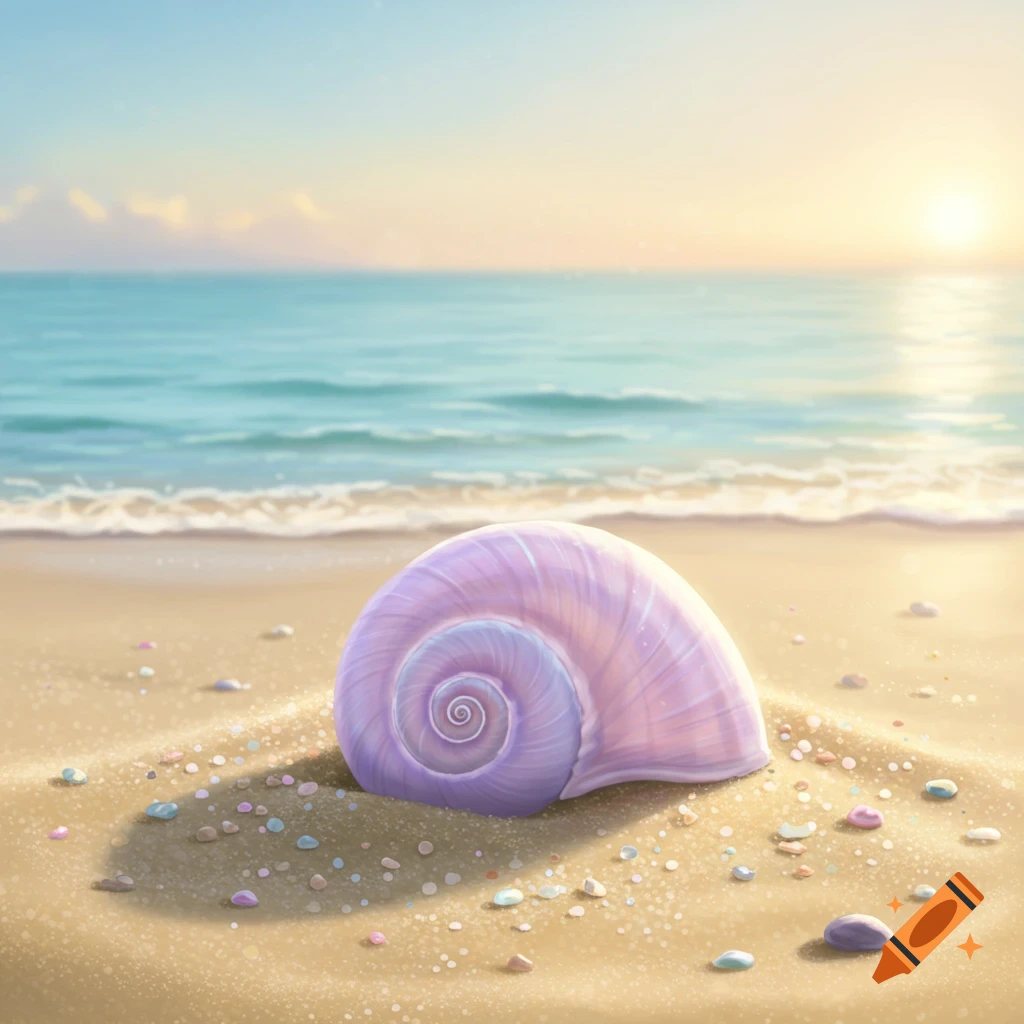 A large, light purple seashell rests on a sandy beach with blue ocean ...