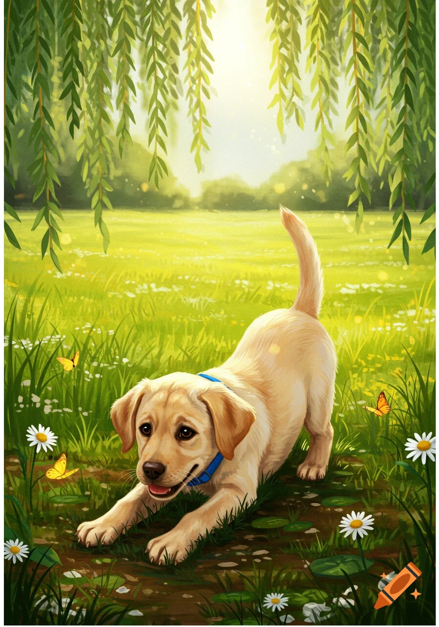 A grey kitten and a golden retriever puppy play in a sunny meadow with ...