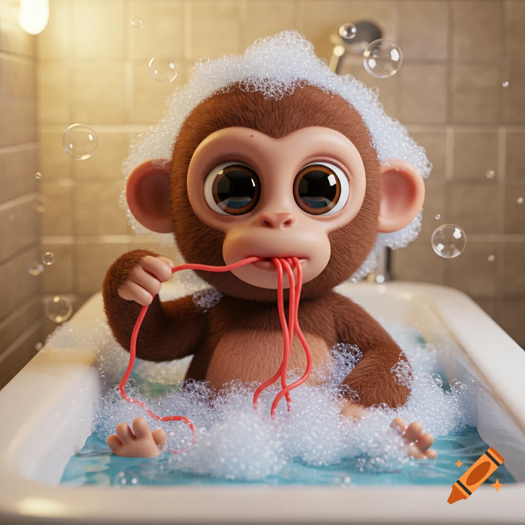 Cute 3D cartoon baby monkey with big eyes sitting in a bubble-filled ...