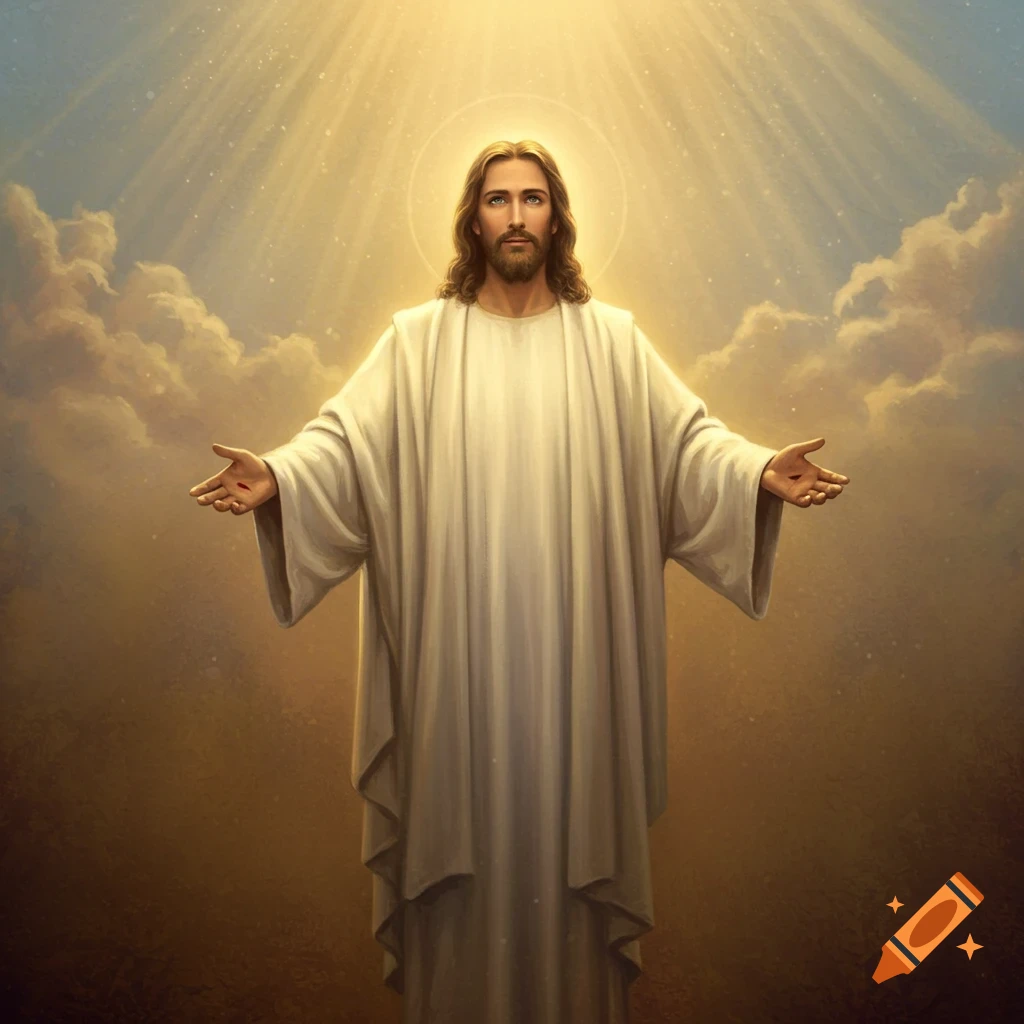Jesus Christ in a white robe with outstretched hands, bathed in golden ...