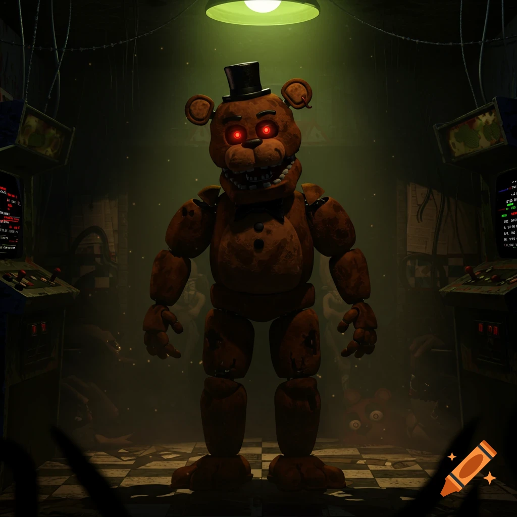 A scary, tall, blue rabbit animatronic with glowing green eyes, a red ...