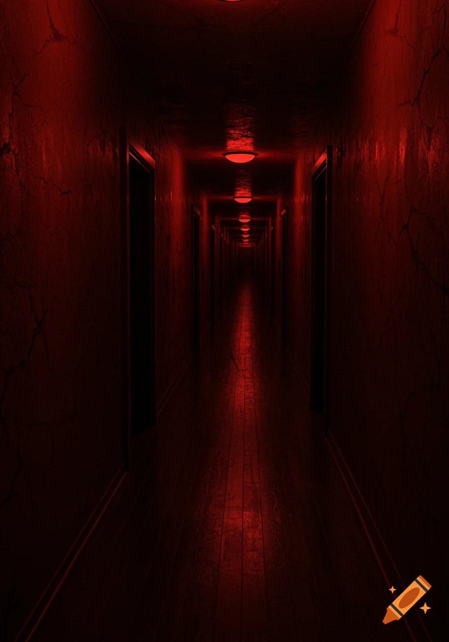 A long, dark hallway with a cracked red wall and red lights on the ...