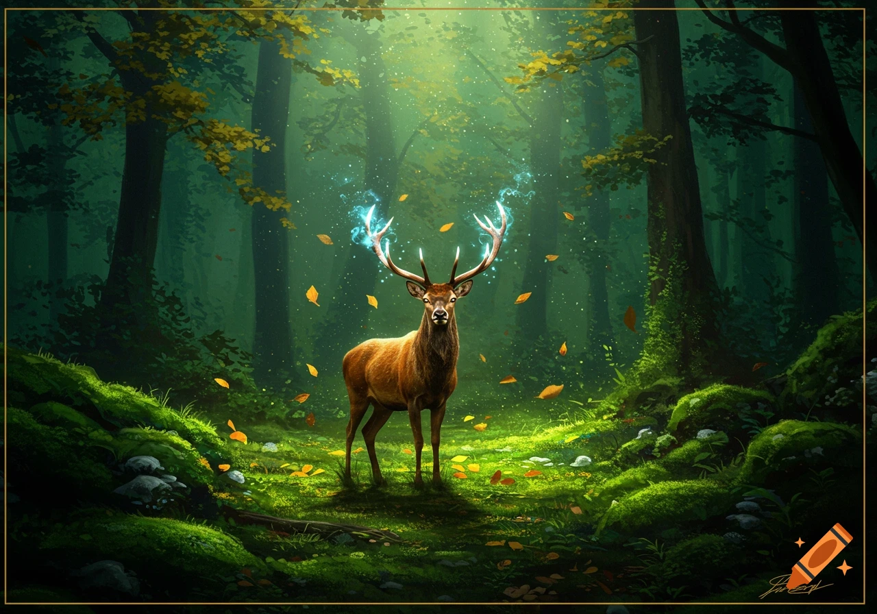 A majestic brown deer with glowing blue antlers stands in a sunlit ...