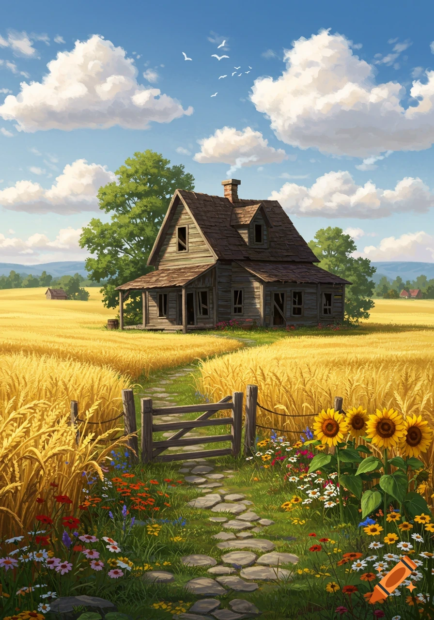An old wooden farmhouse in a golden wheat field, with a stone path ...