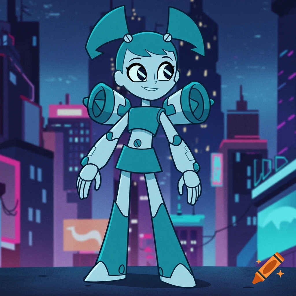 A teal and light blue cartoon robot girl with pigtails stands in a ...