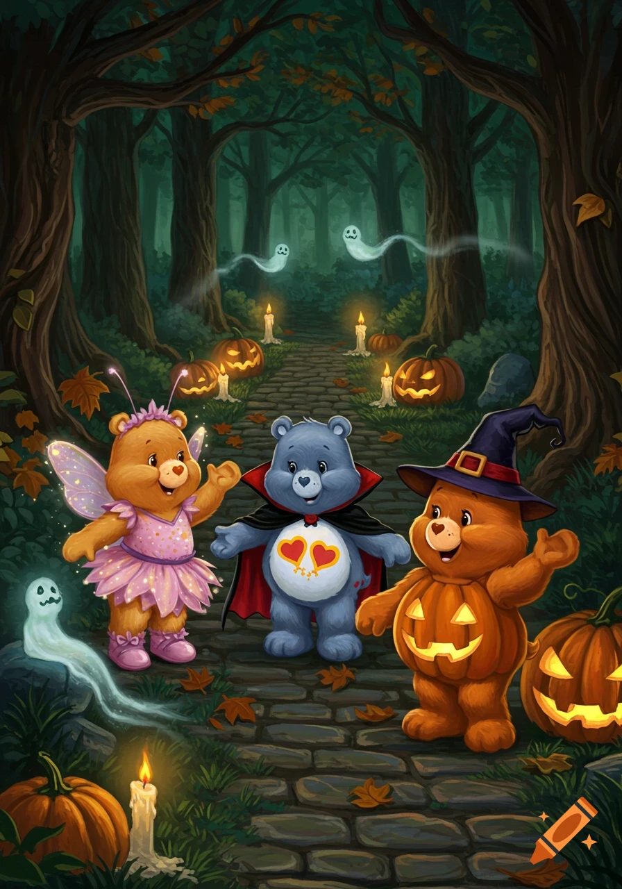 Care Bears dressed in Halloween costumes: a fairy bear, a vampire bear ...