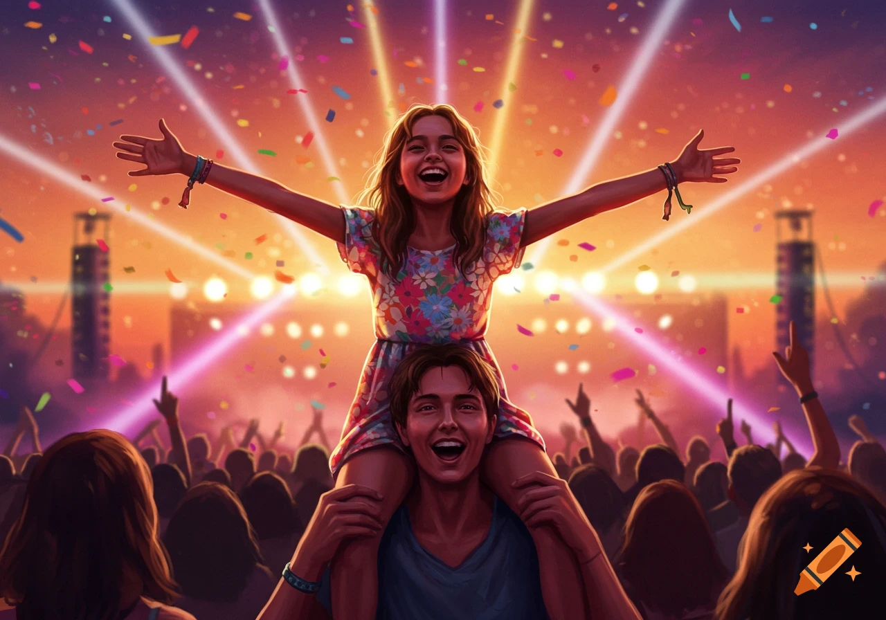 A young girl riding on a man's shoulders at a vibrant outdoor concert ...