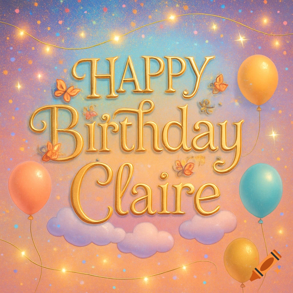 A cheerful birthday banner with golden text 'HAPPY Birthday Claire ...