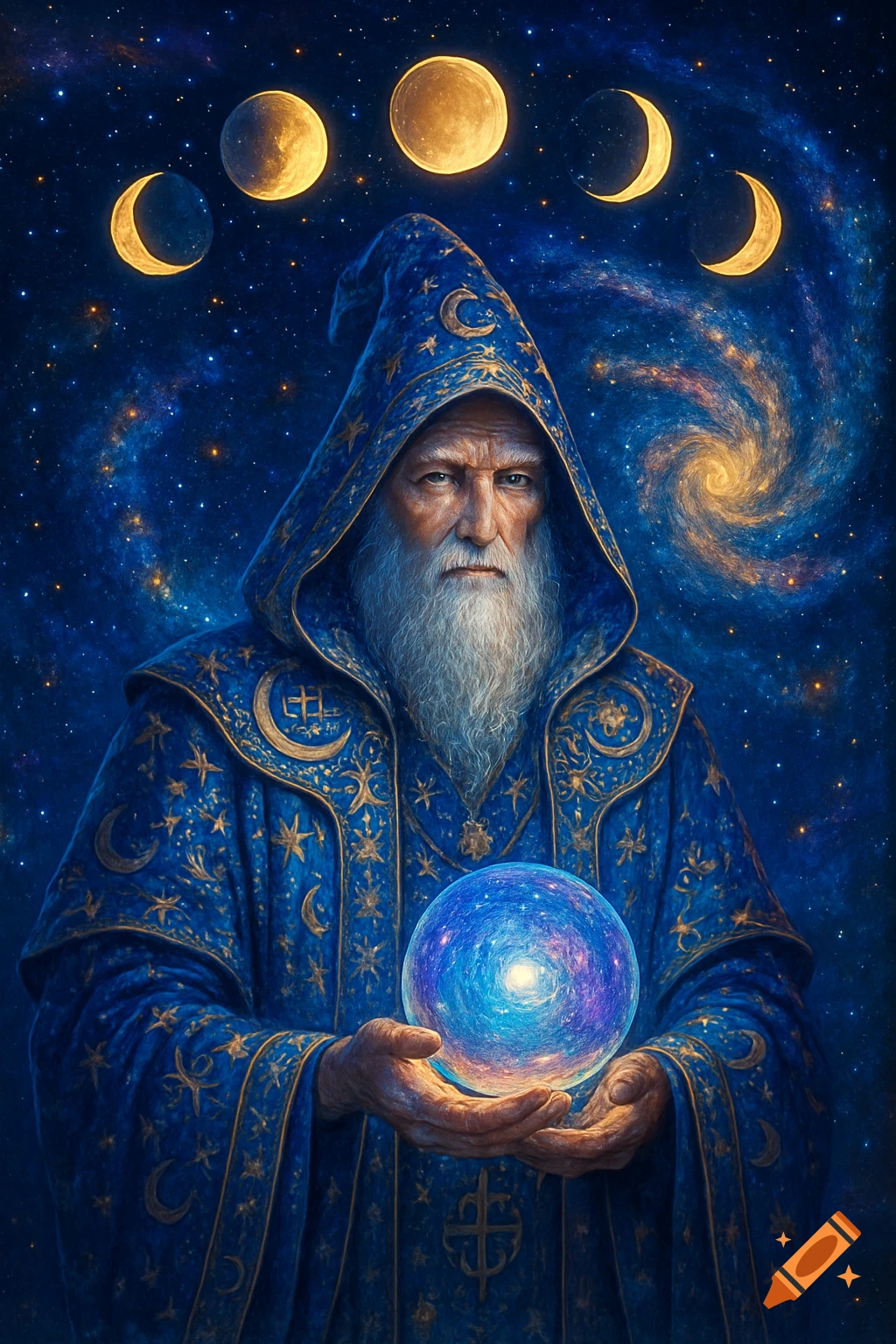 A wise wizard in a blue, star-patterned robe holds a glowing cosmic orb ...