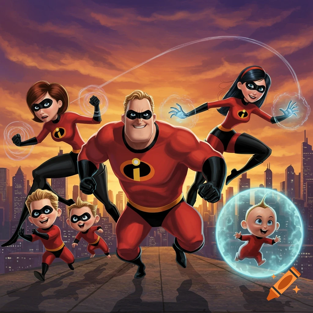 The Incredibles family, in their red superhero suits, stand heroically ...