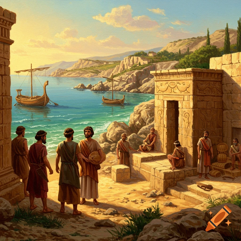 A traditional painting showing ancient people by a Mediterranean coast ...