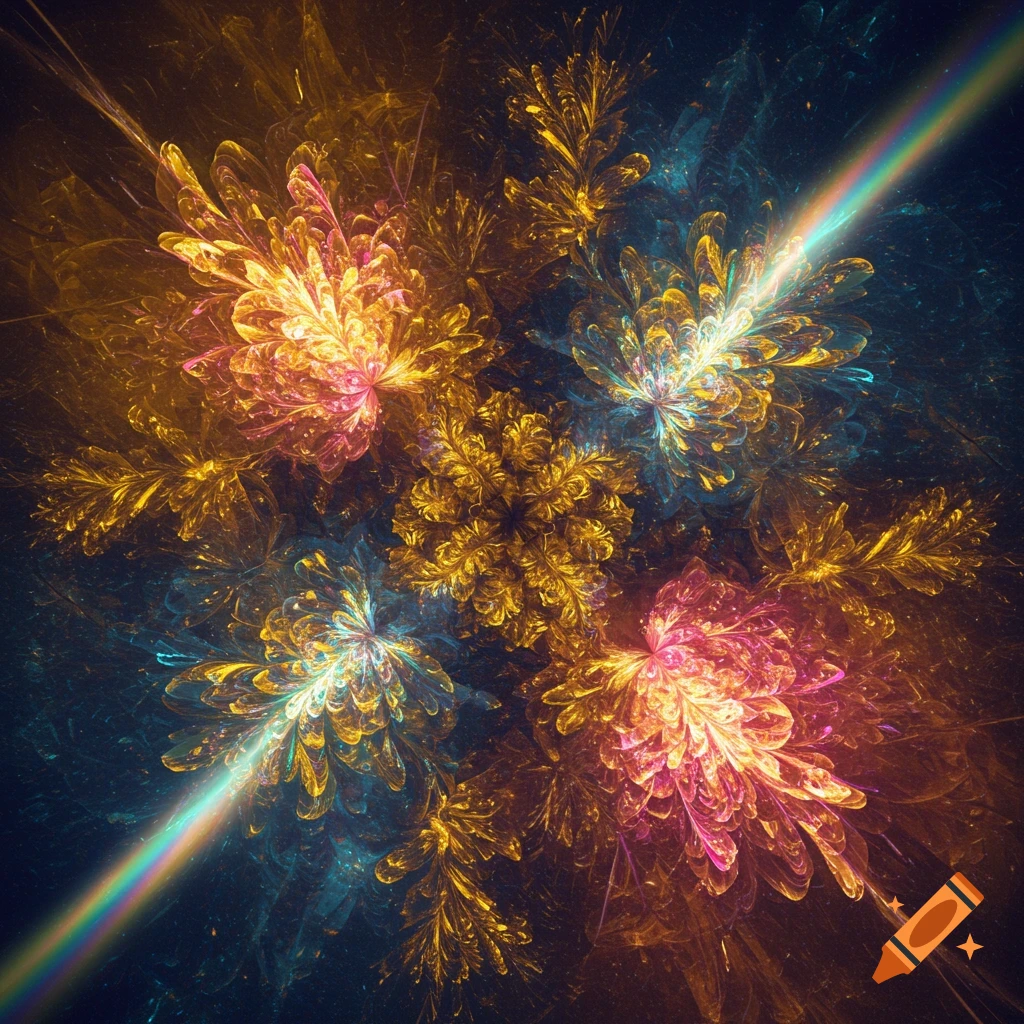 Abstract glowing fractal patterns in gold, pink, and blue, with rainbow light beams on a dark ...