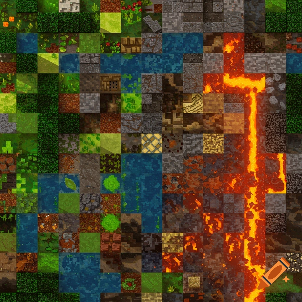 A grid of various pixelated textures, including grass, water, stone ...