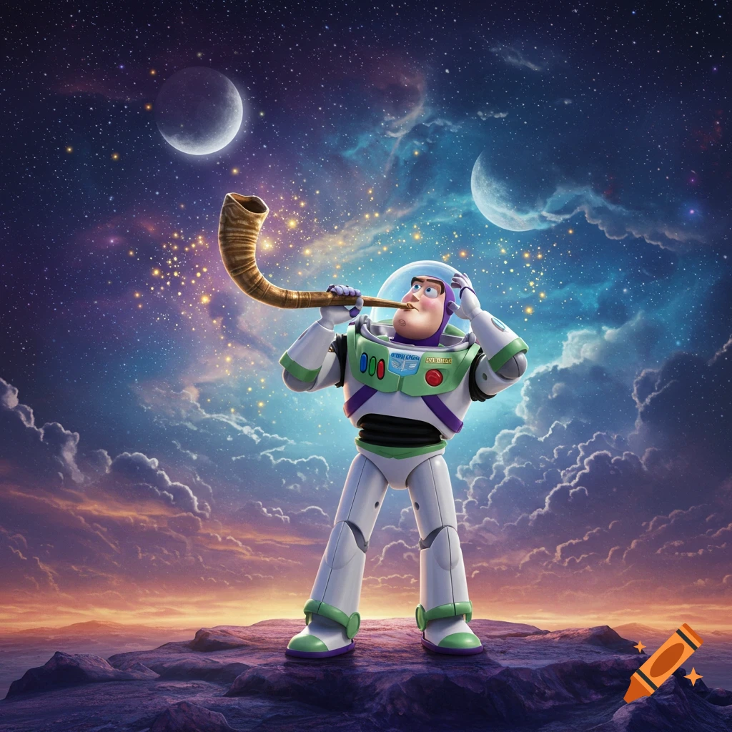Smiling Buzz Lightyear with green dreadlocks stands in a vibrant starry ...