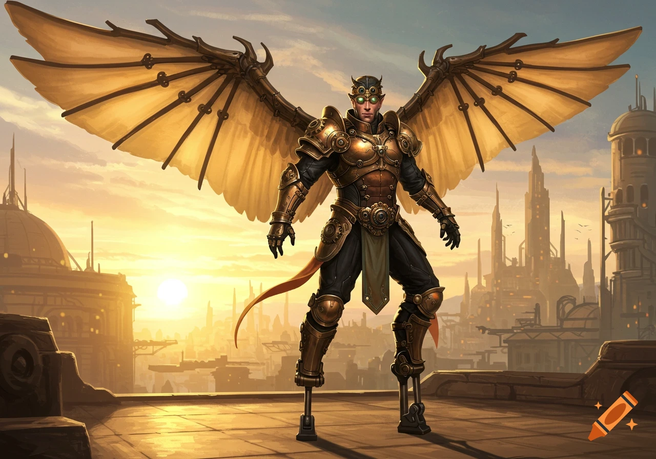 An armored phoenix warrior with huge fiery wings stands in a burning ...