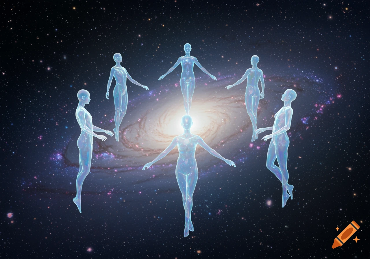 Six translucent, ethereal human figures float in a circle around a ...