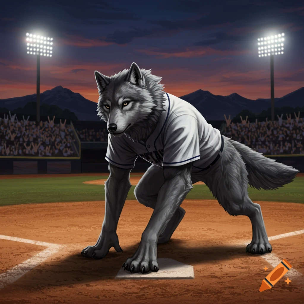 A mean green stylized coyote wearing ice skates, gripping a hockey ...