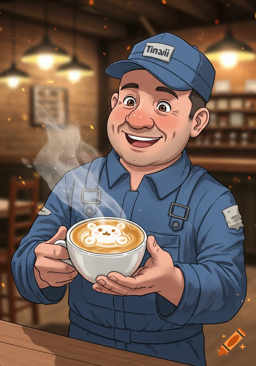 A smiling cartoon man in blue overalls and a cap holds a steaming cup ...