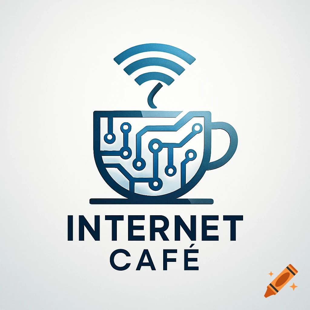 A blue logo with a coffee cup containing circuit board lines, with Wi-Fi signal waves above, and ...