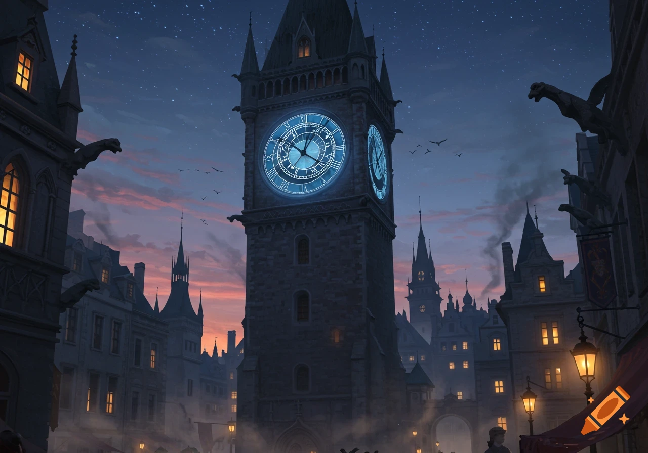 A tall glowing clock tower stands prominently in a dark, atmospheric ...