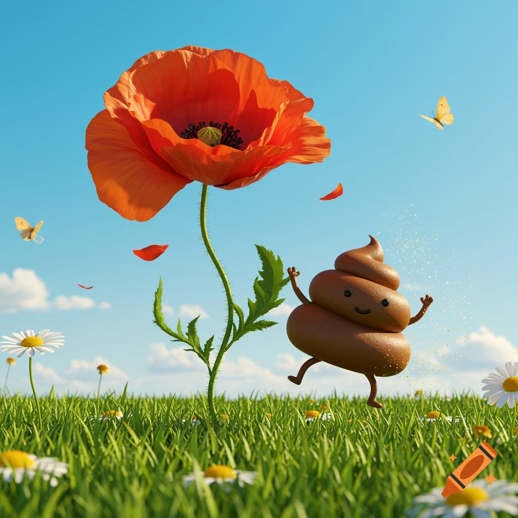 A whimsical red hat with a long, curly brim floats over a green field ...