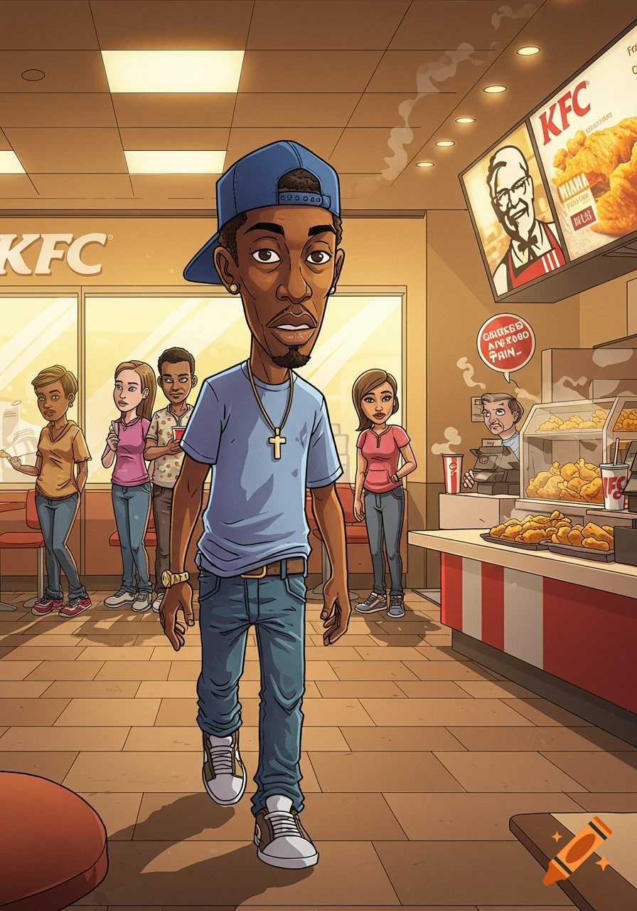 Cartoon man resembling Brodie Foxx in a blue cap and jeans walks ...