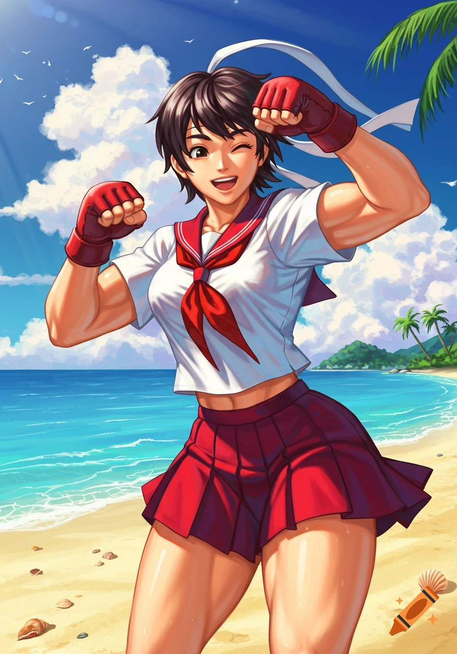 A muscular anime character, Sakura from Street Fighter, flexes her ...