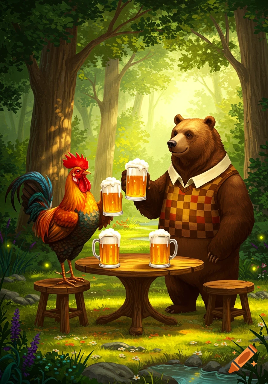 A cartoon rooster and a bear in a sunlit forest toast with beer mugs at ...