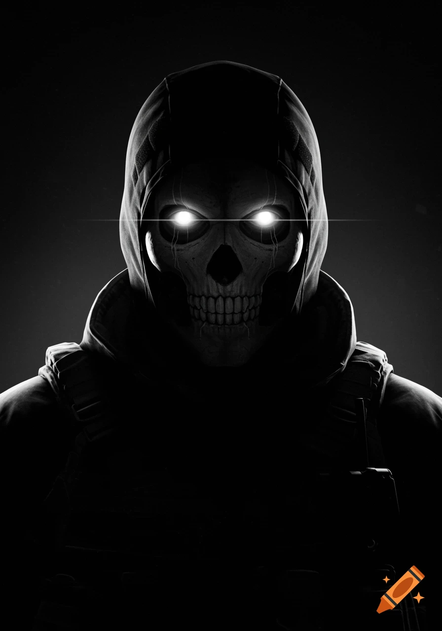 A dark, high-contrast portrait of a hooded skeletal figure with glowing ...