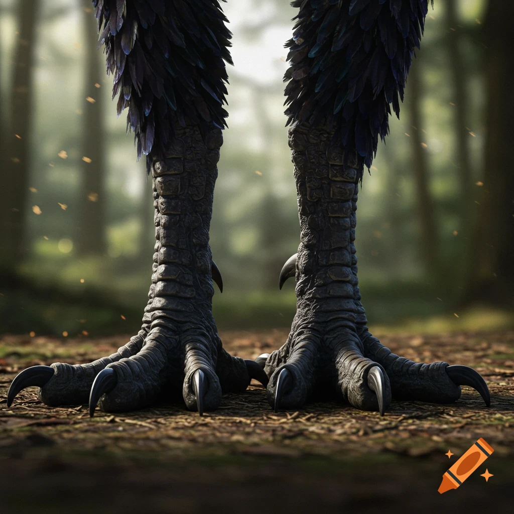 Photorealistic close-up of dark, scaly creature legs with sharp claws ...