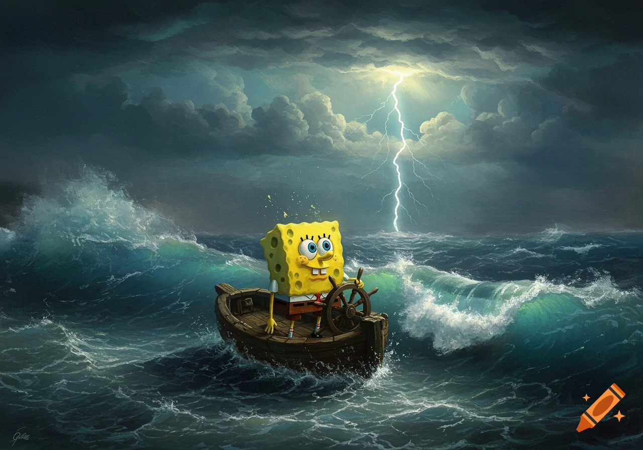 Patrick Star in a silver airplane with many red balloons flies above ...