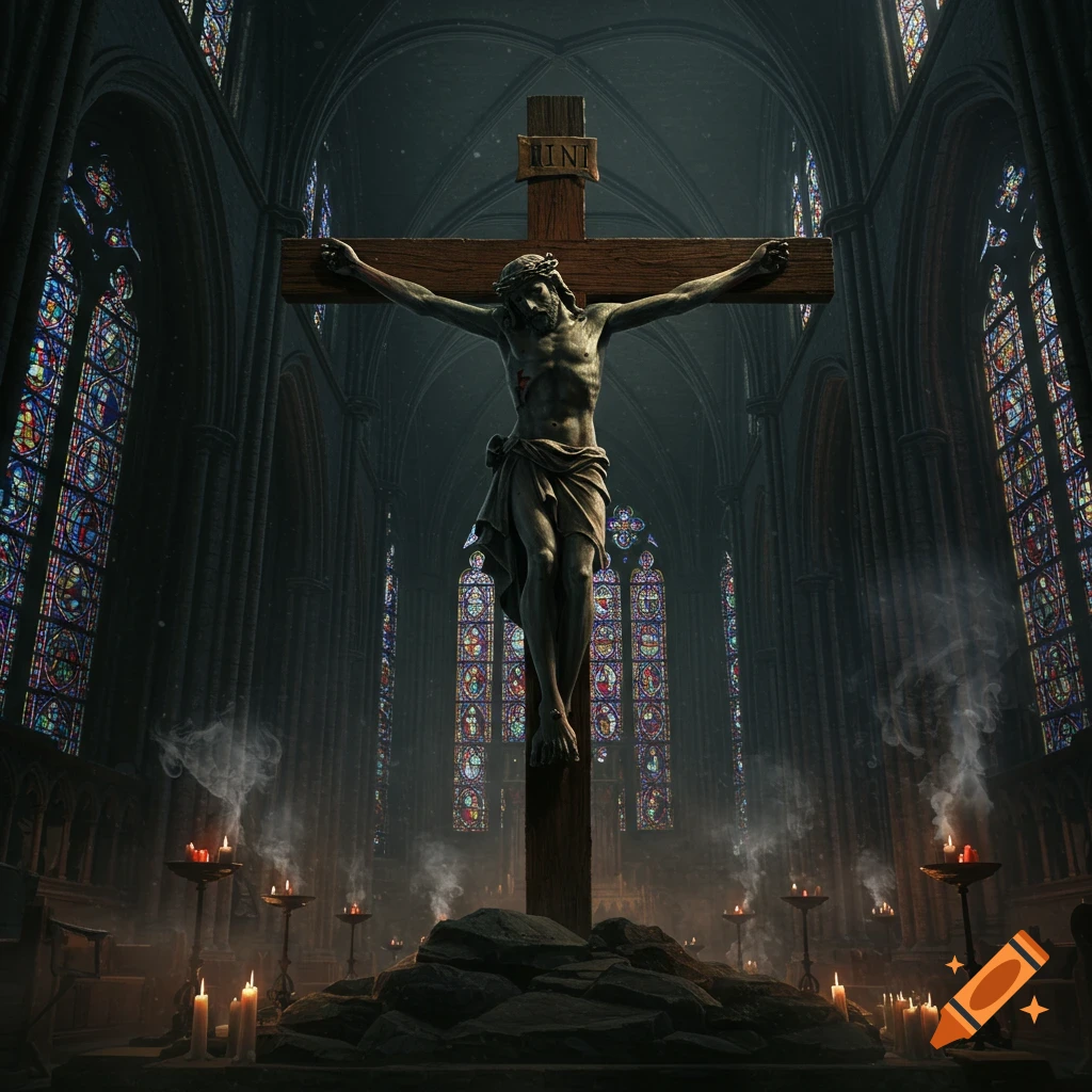 Photorealistic sculpture of Jesus on a cross, inside a dark, grand ...