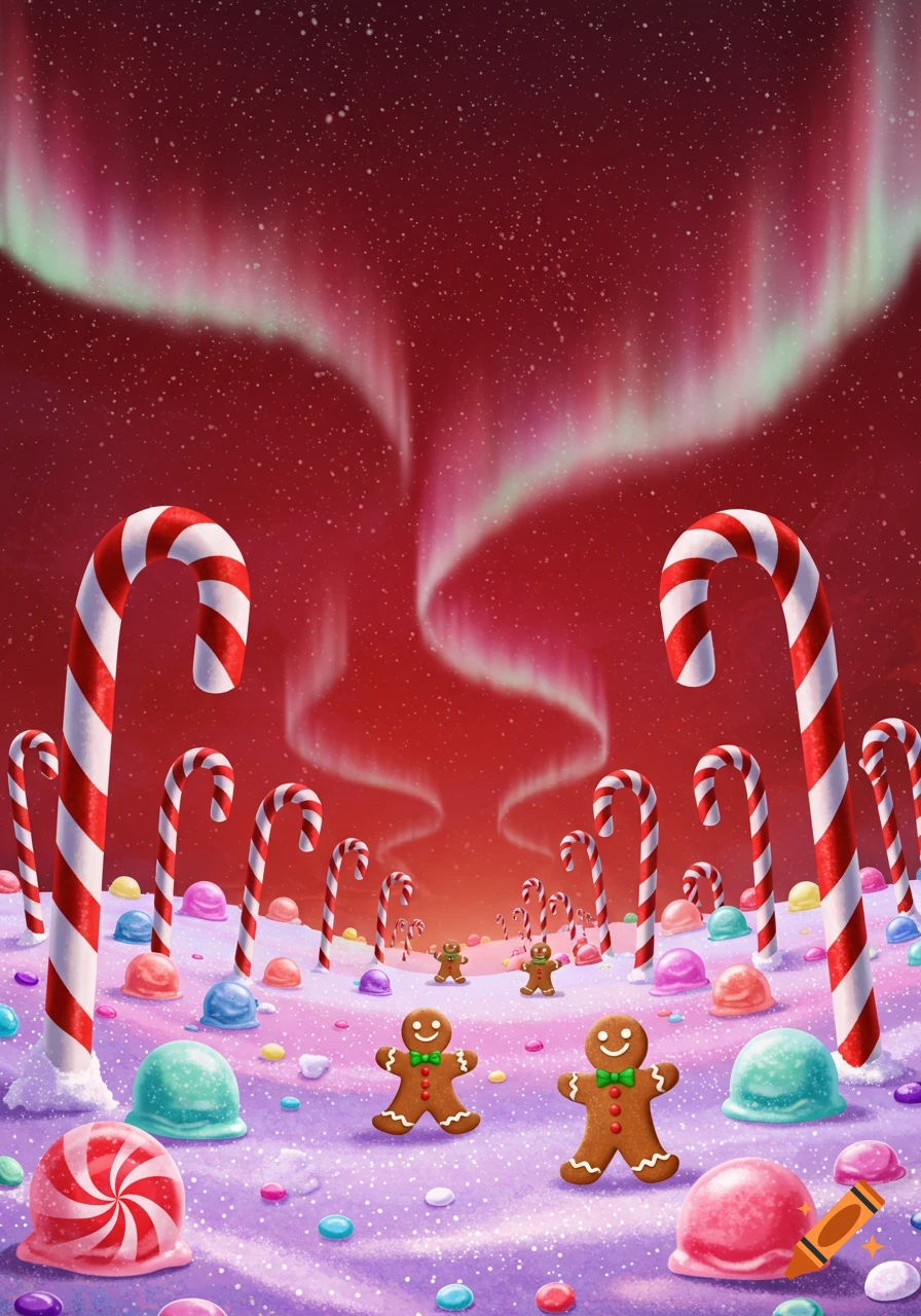 A vibrant candy land with red and white candy canes, gingerbread men ...