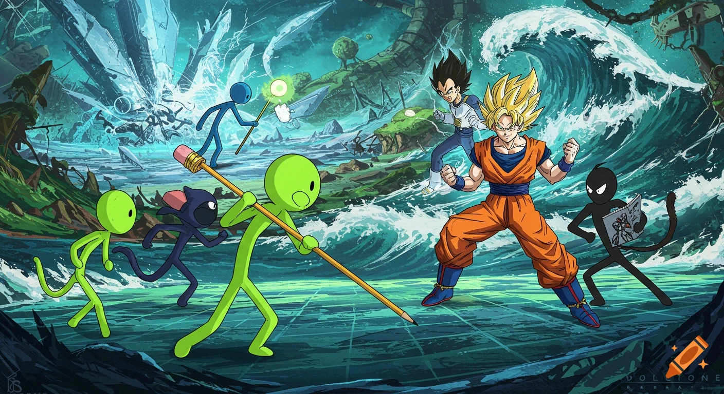 A dynamic multiverse battle scene featuring lime-green stickmen, one ...