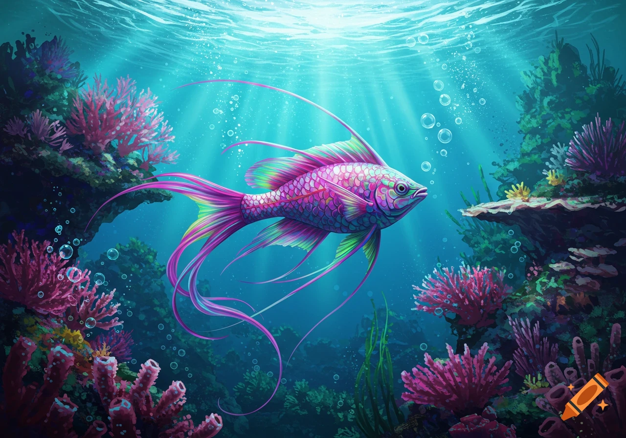 An angry-looking cartoon fish with large eyes swims underwater amongst ...