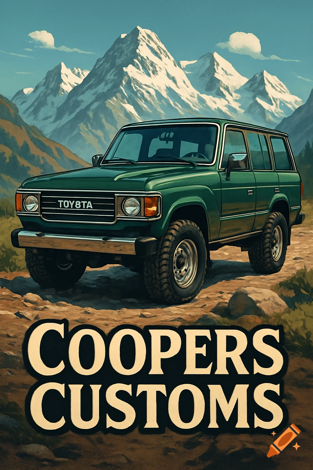 Green vintage Toyota Landcruiser on a dirt road with snow-capped ...