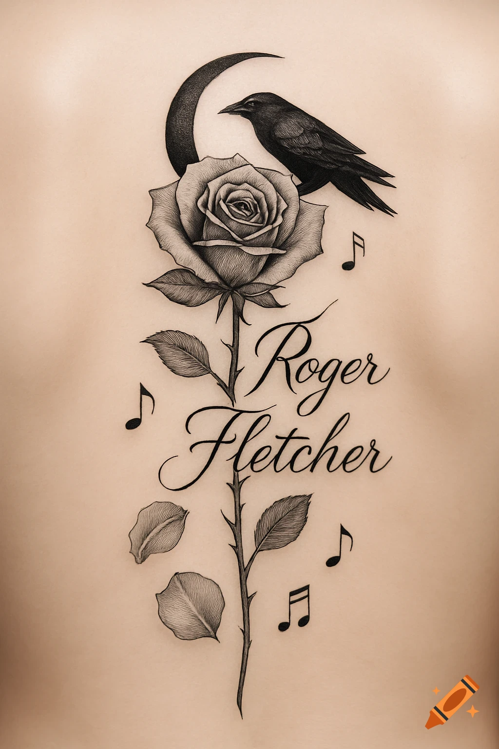 A black and white drawing of a rose with the name "Roger Fletcher ...