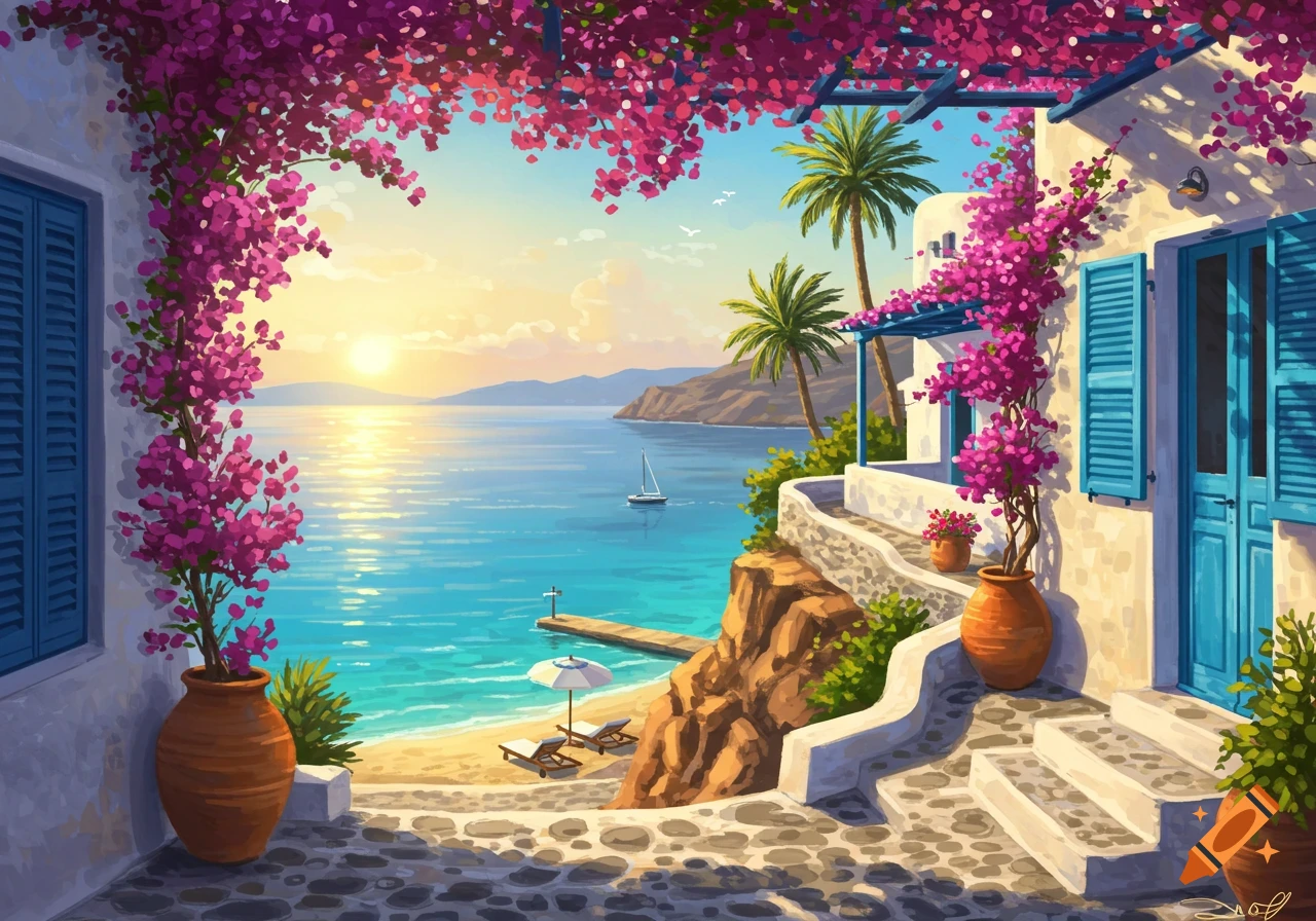 Illustrative view of a Greek island village with white buildings, pink ...