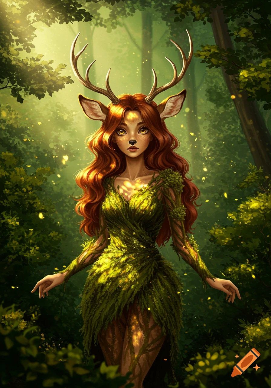 Antlered elf fire druid with glowing eyes and leaf armor, holding a ...